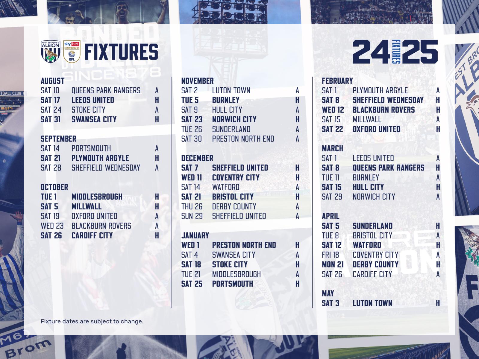 Albion's 2024/25 Sky Bet Championship fixtures announced | West Bromwich Albion
